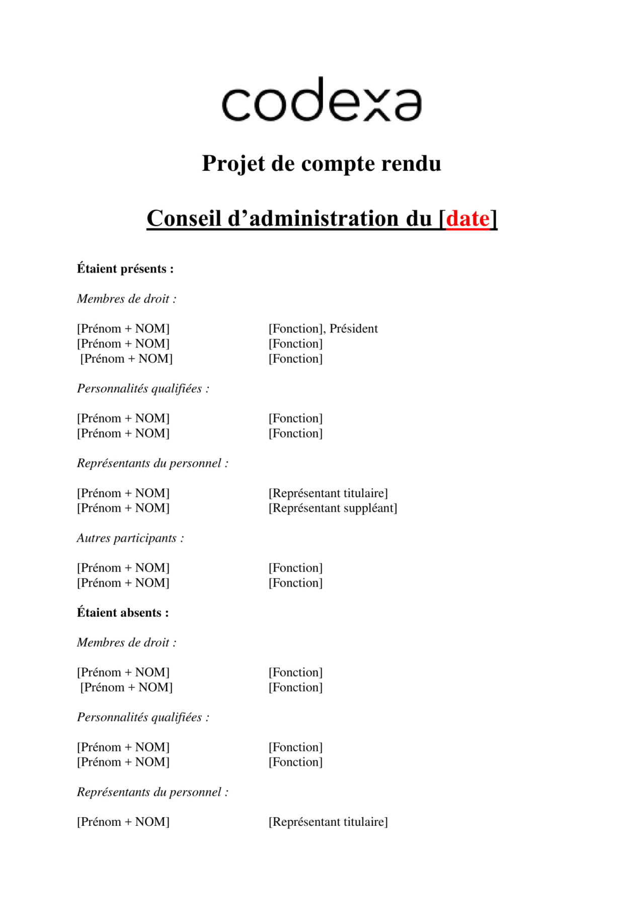 Modèles compte rendu de conseil d’administration (CA) – Codexa