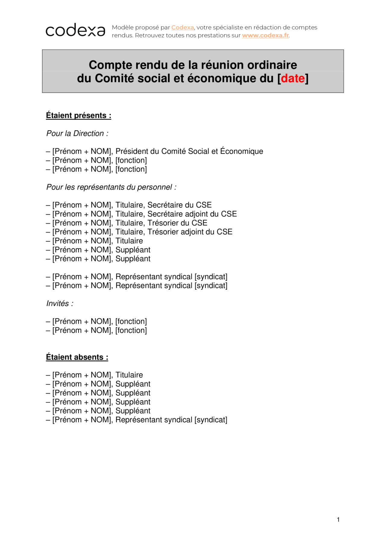 Modèle de compte rendu de CSE – Codexa Modèle de compte rendu de CSE – Codexa